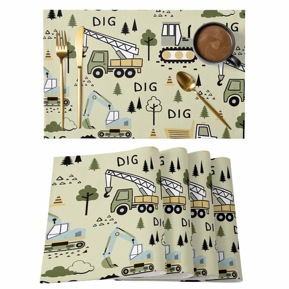 Cartoon Tractor Placemats Set of 4, Cute Green Digger Shovel Truck ...