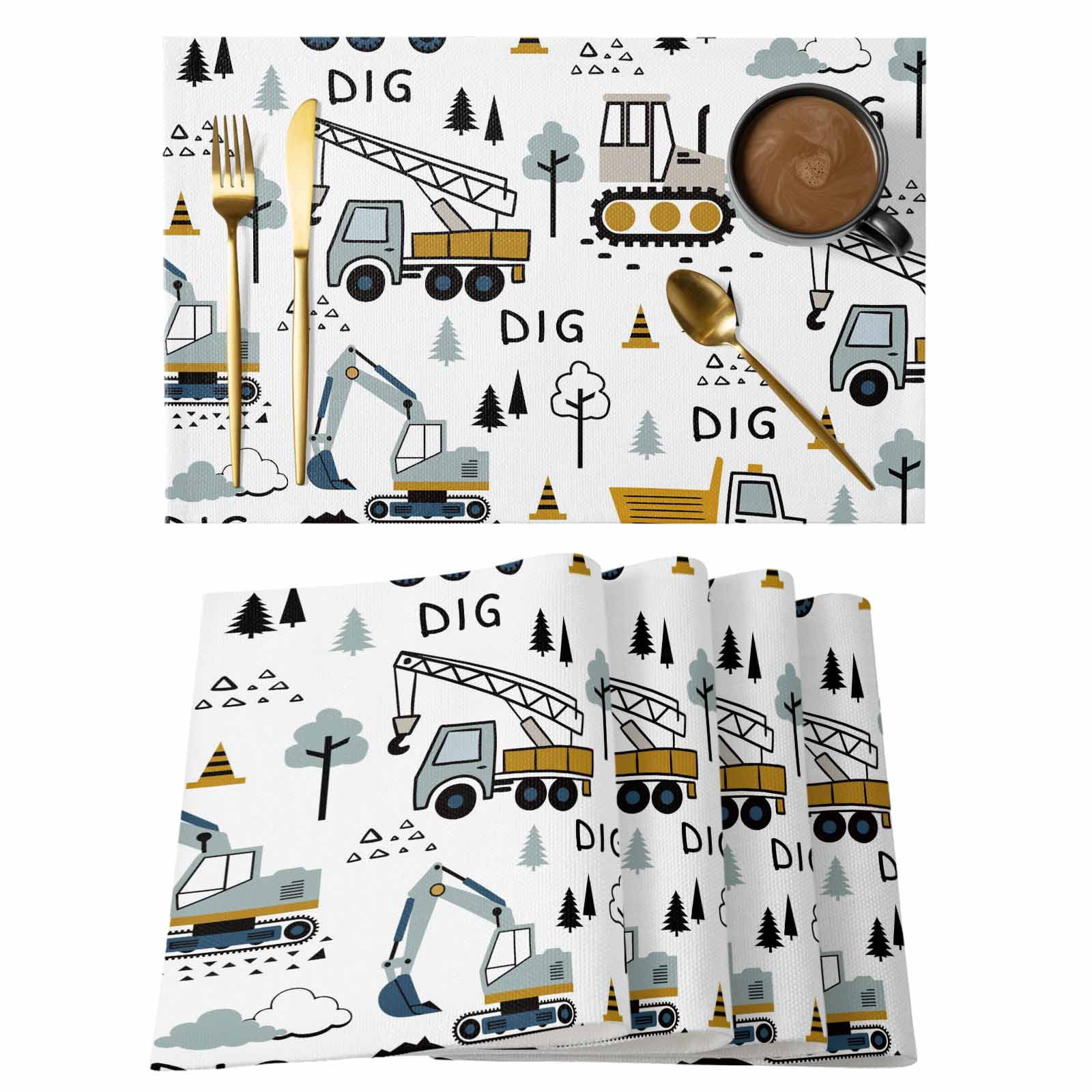 Cartoon Tractor Placemats Set of 4, Cute Grey Digger Shovel Truck ...