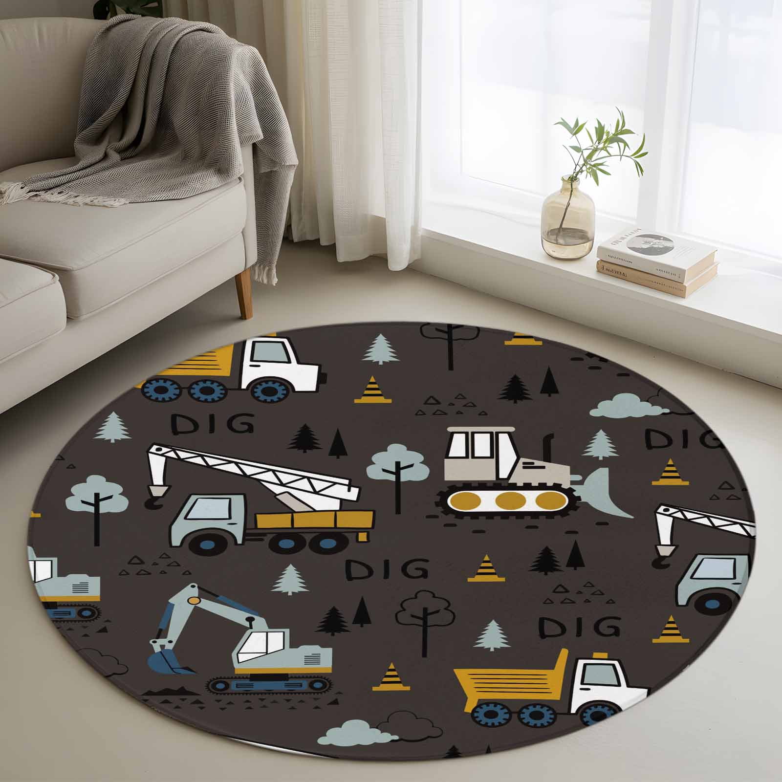 Cartoon Tractor Round Area Rug 3Ft Washable Small Circle Rugs for ...