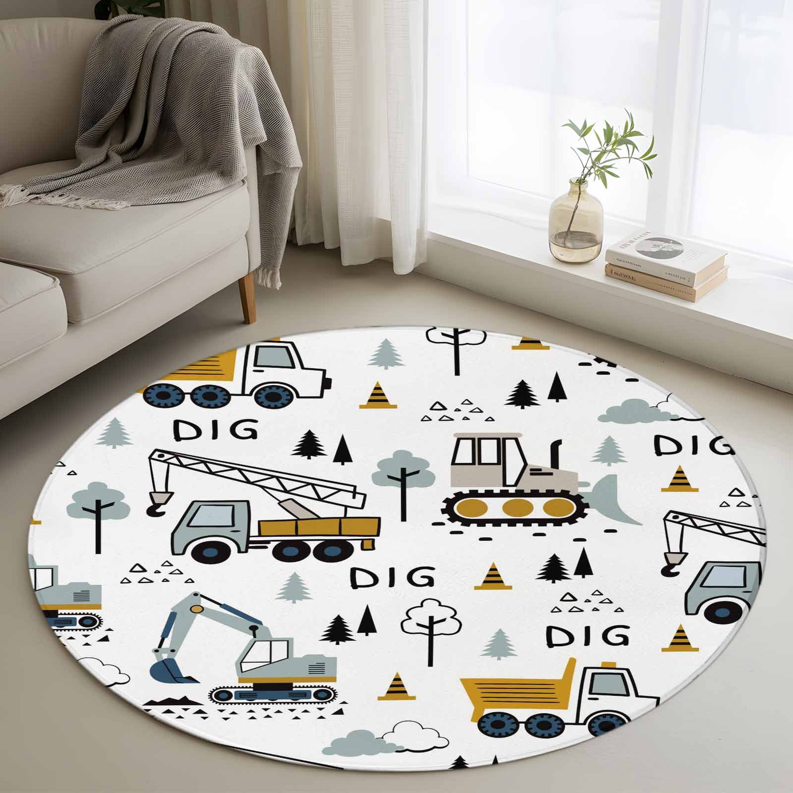 Cartoon Tractor Round Area Rug 4Ft Washable Circle Rugs for Bedroom ...