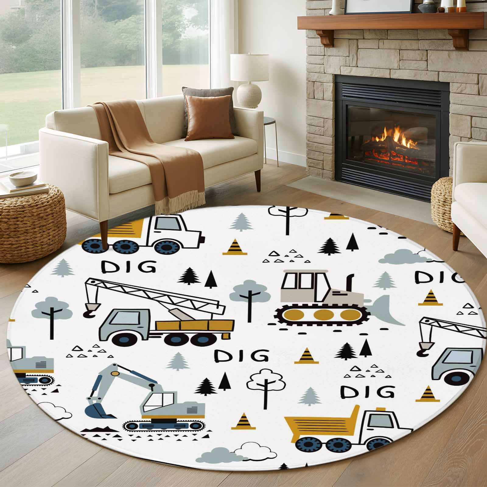 Cartoon Tractor Round Area Rug 5ft, Cute Grey Digger Shovel Truck ...