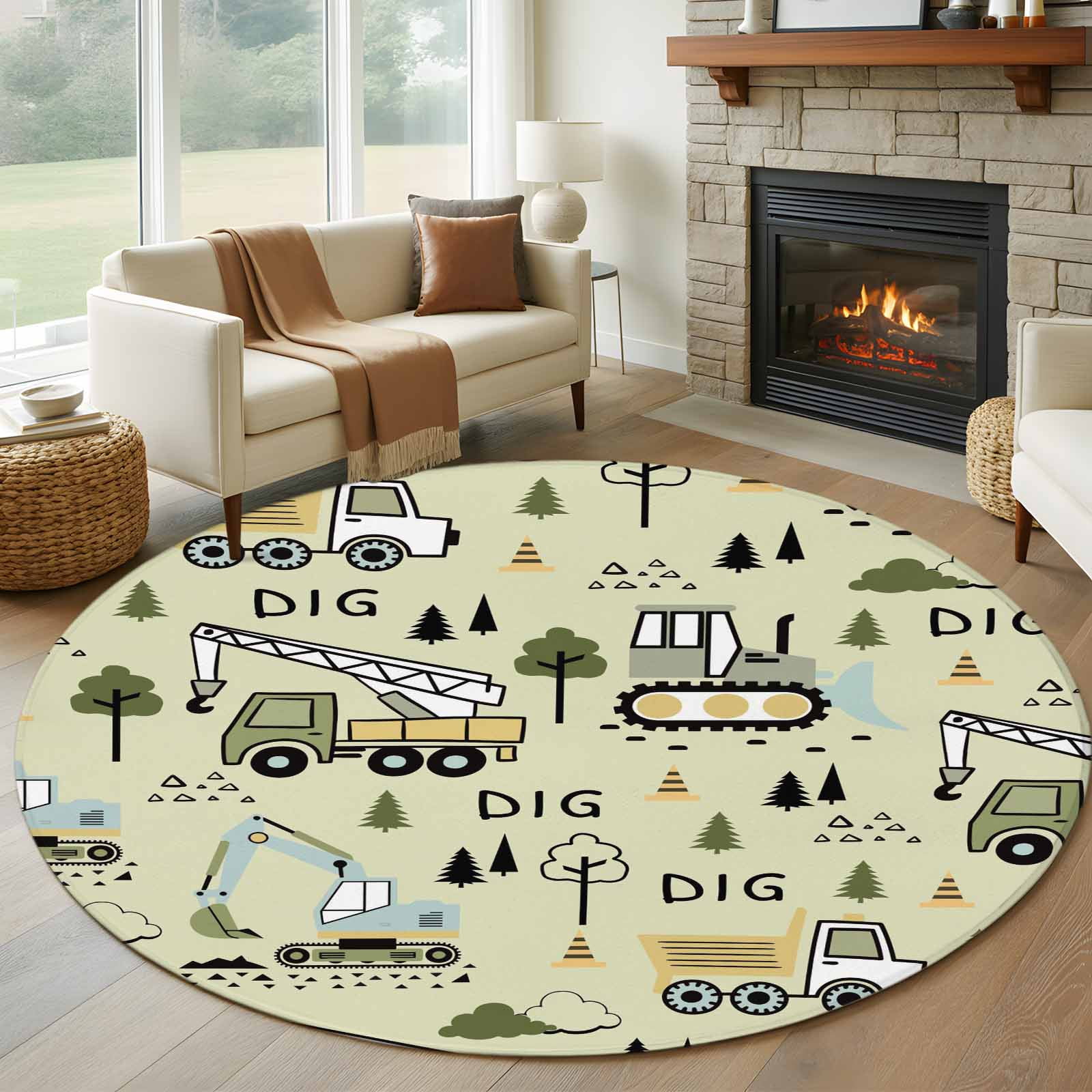 Cartoon Tractor Round Area Rug 8Ft Washable Large Circle Rugs for ...