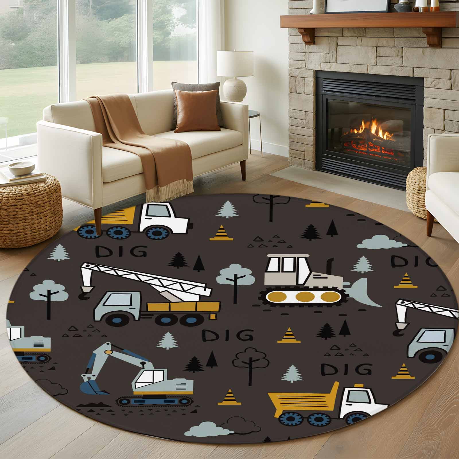 Cartoon Tractor Round Area Rug 8Ft Washable Large Circle Rugs for ...