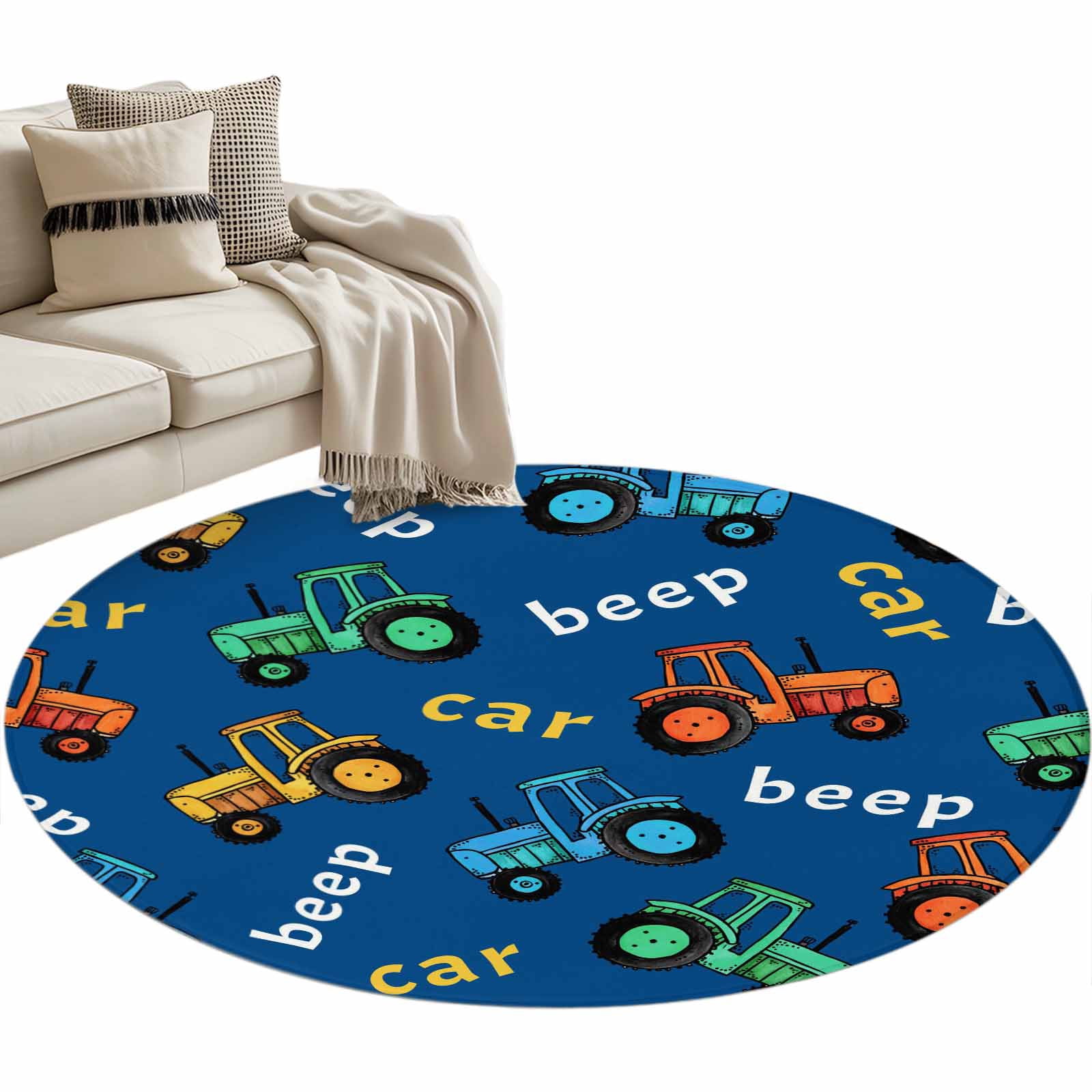 Cartoon Tractor Round Area Rugs Collection 3.3', Cute Beep Car Digger ...