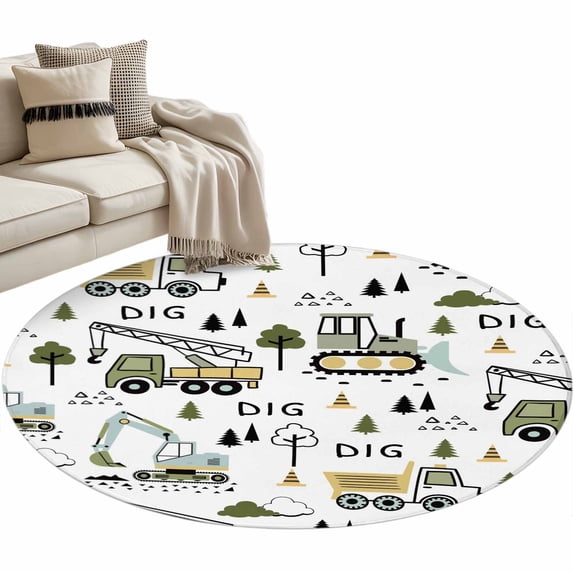 Cartoon Tractor Round Area Rugs Collection 4', Cute Digger Shovel Truck ...