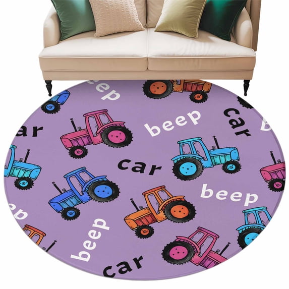 Cartoon Tractor Round Area Rugs Collection 8', Cute Beep Car Digger ...