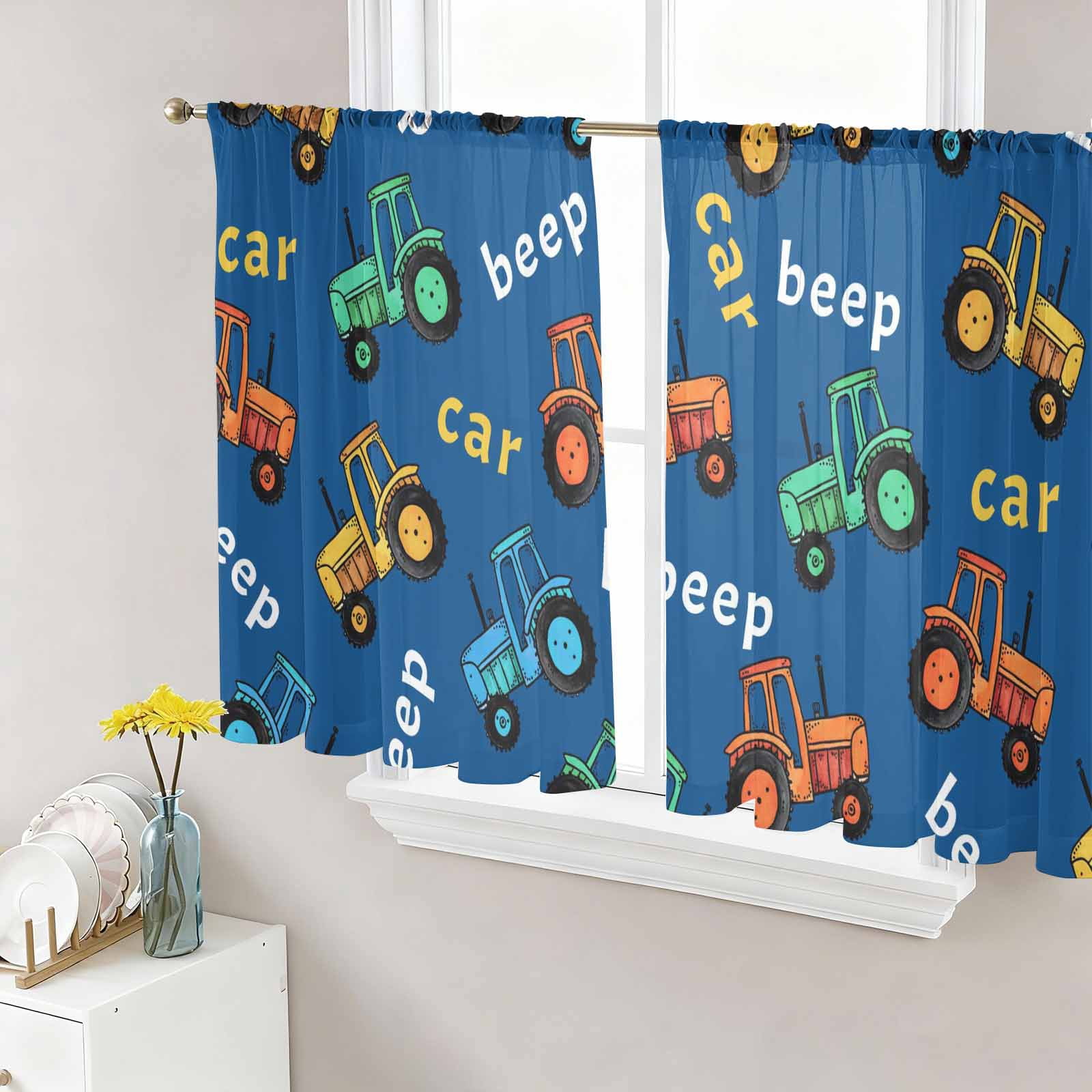 Cartoon Tractor Sheer Curtains 45 Inch Length 2 Panels Set, Cute Beep ...