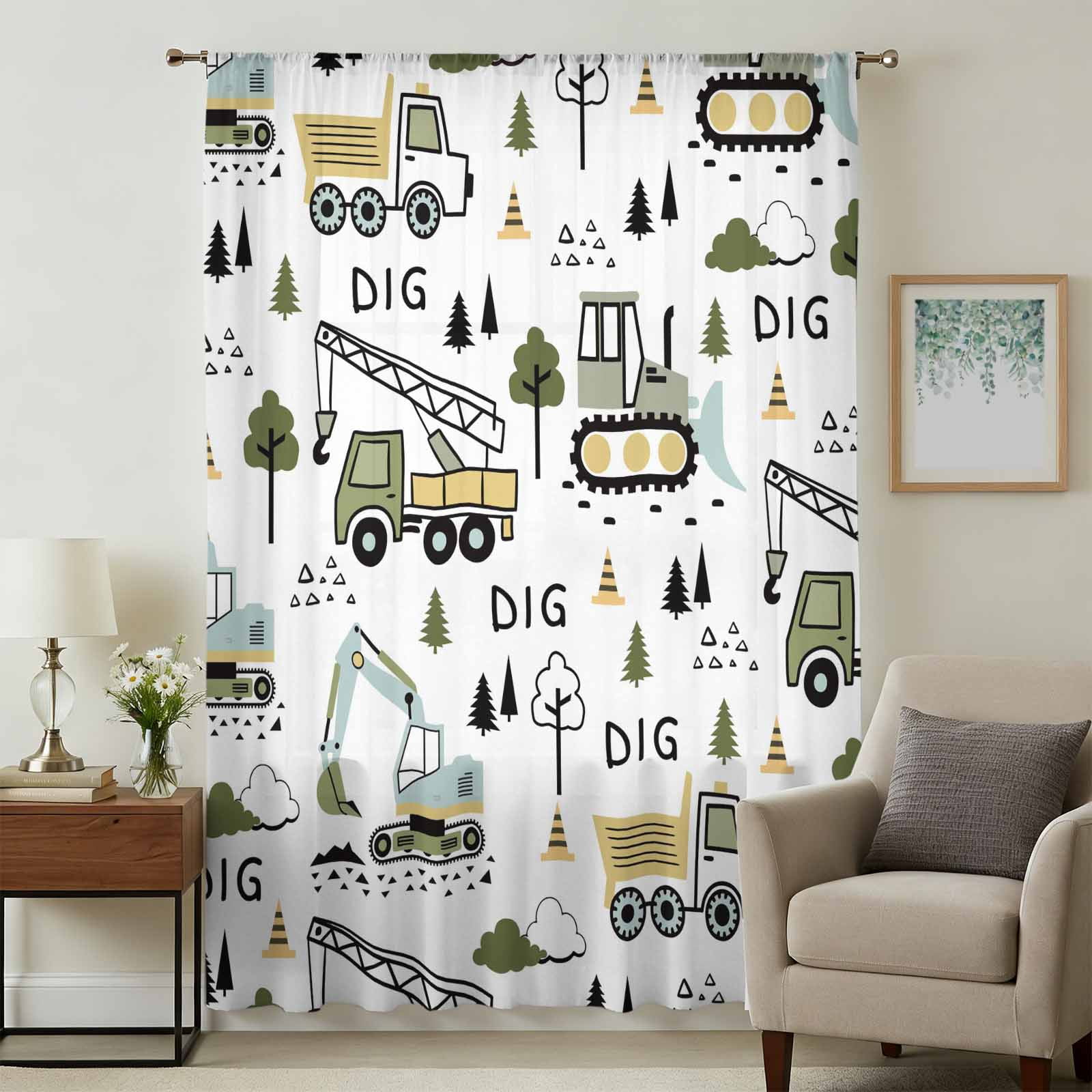 Cartoon Tractor Sheer Curtains 54 Inches Long, Cute Digger Shovel Truck ...
