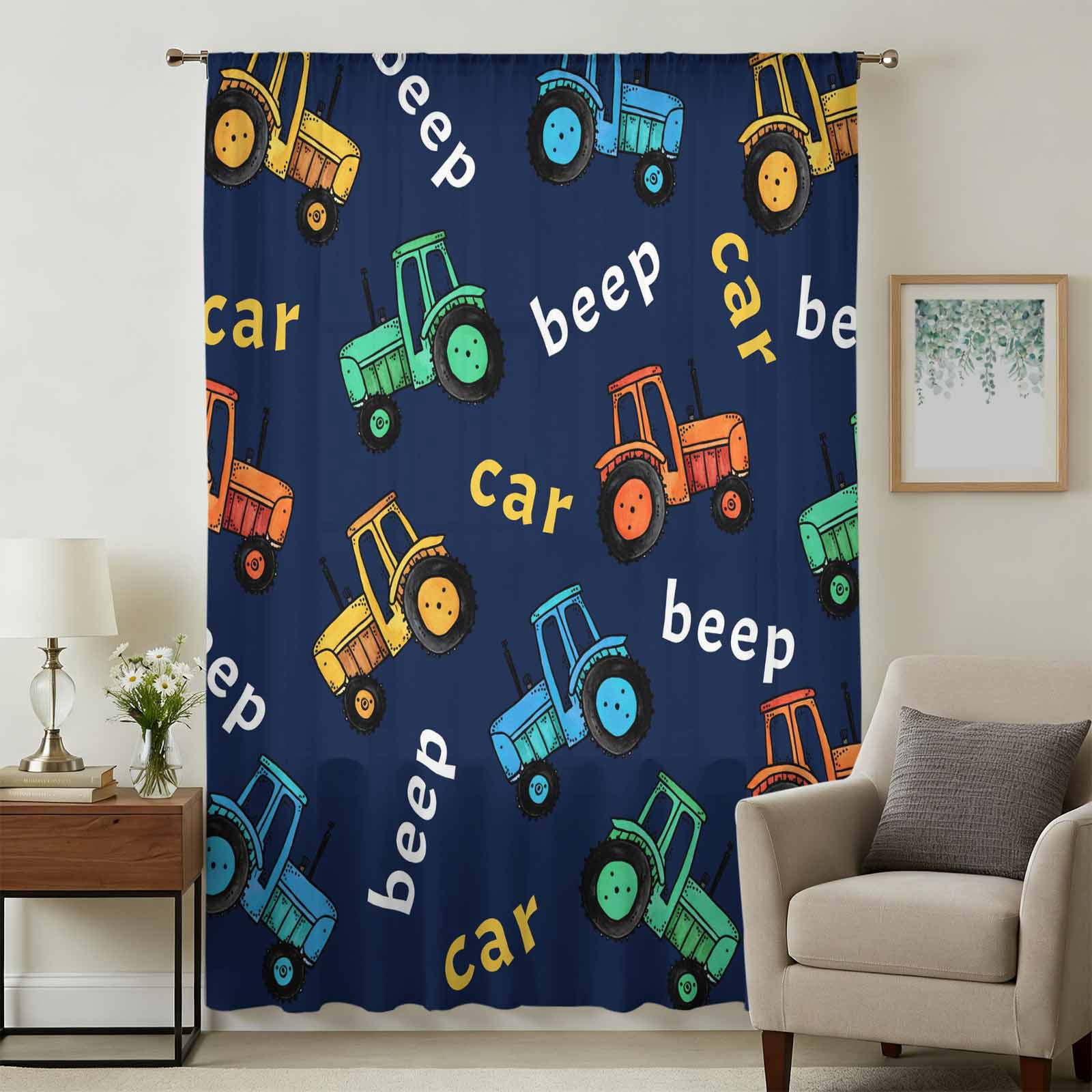 Cartoon Tractor Sheer Curtains 54" Long for Bedroom, Cute Beep Car ...