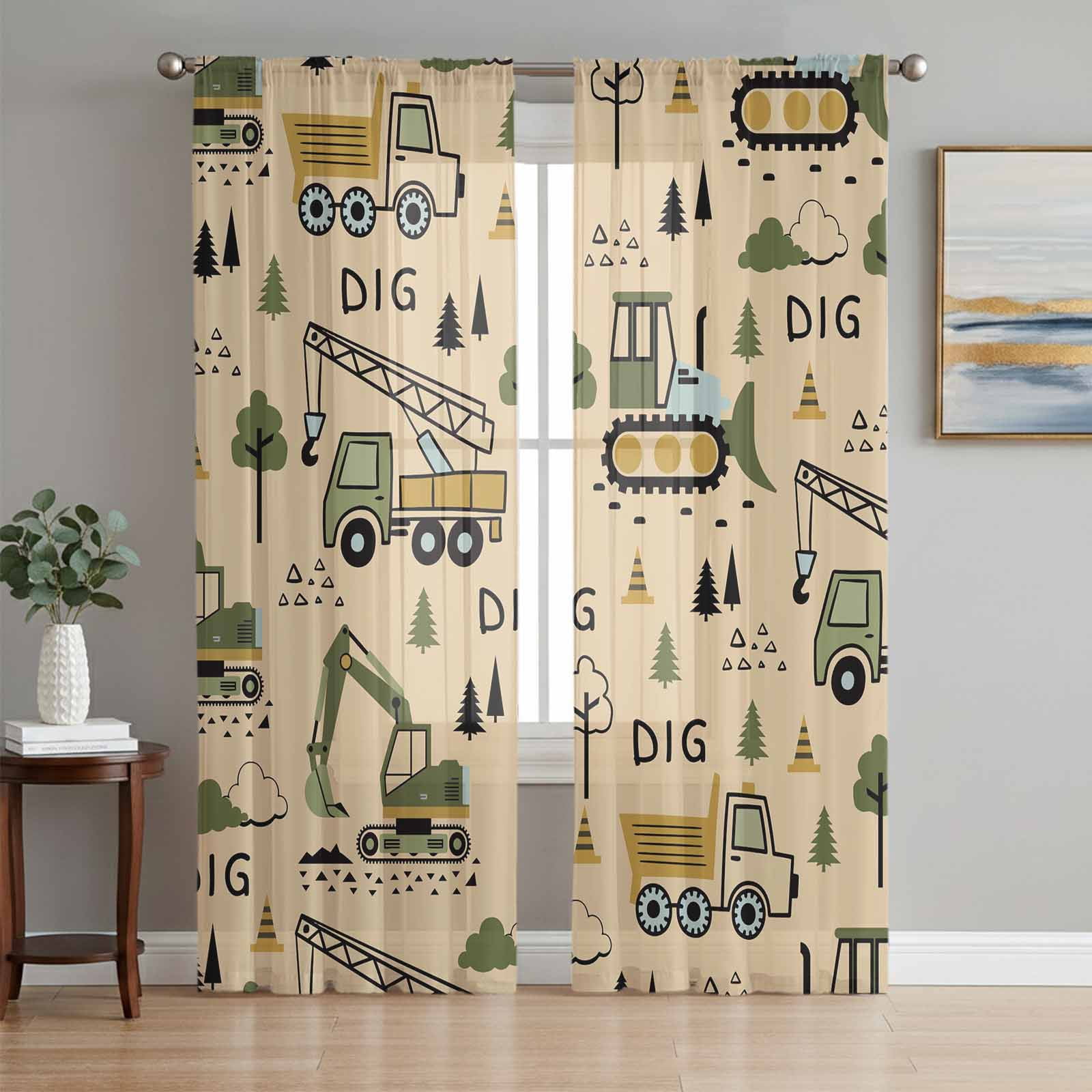 Cartoon Tractor Sheer Curtains 63 Inch Length 2 Panels Set, Cute Digger ...