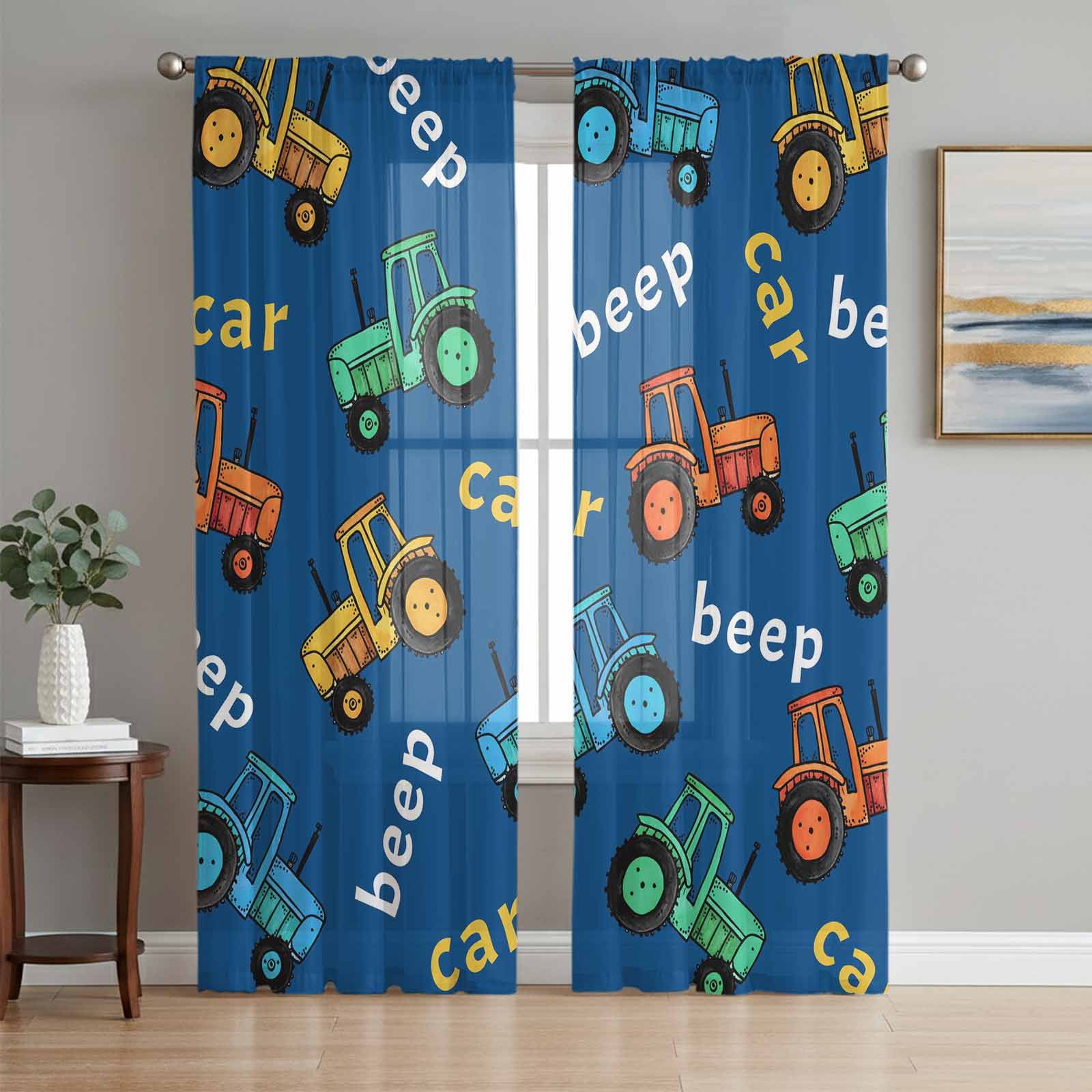 Cartoon Tractor Sheer Curtains 63 Inch Length 2 Panels Set Window ...
