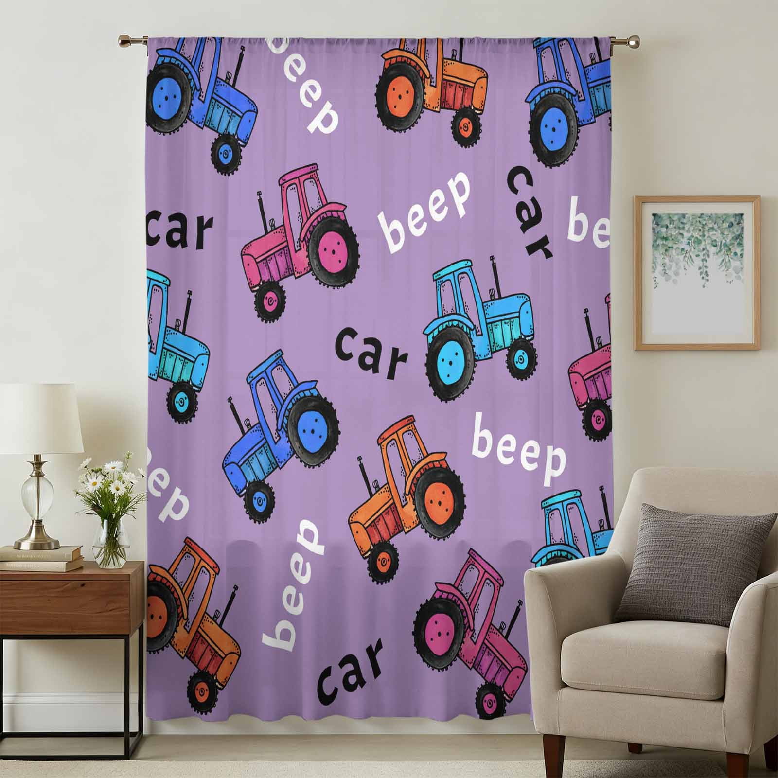 Cartoon Tractor Sheer Curtains 72 Inches Long, Cute Beep Car Digger ...