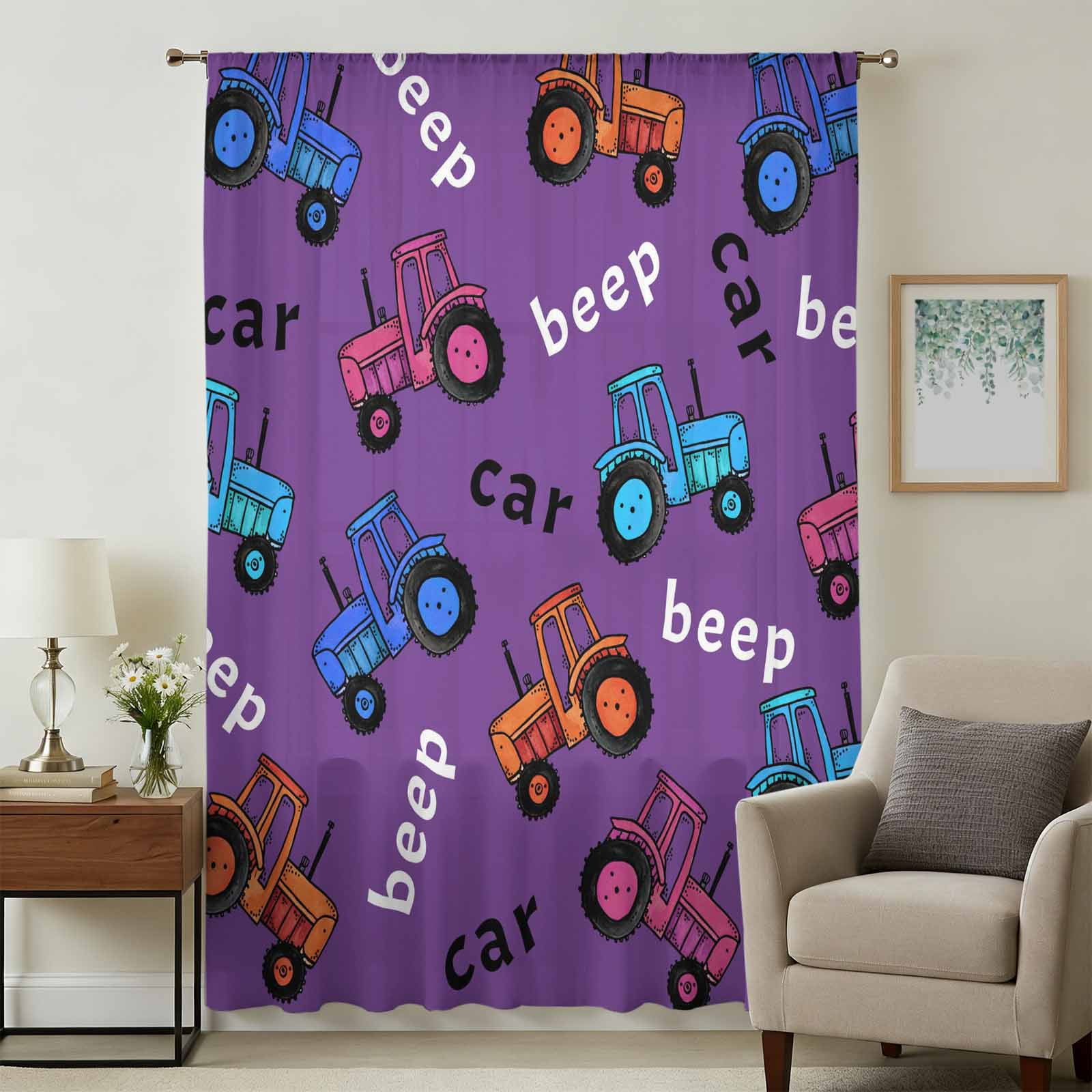 Cartoon Tractor Sheer Curtains 84 Inches Long, Cute Beep Car Digger ...