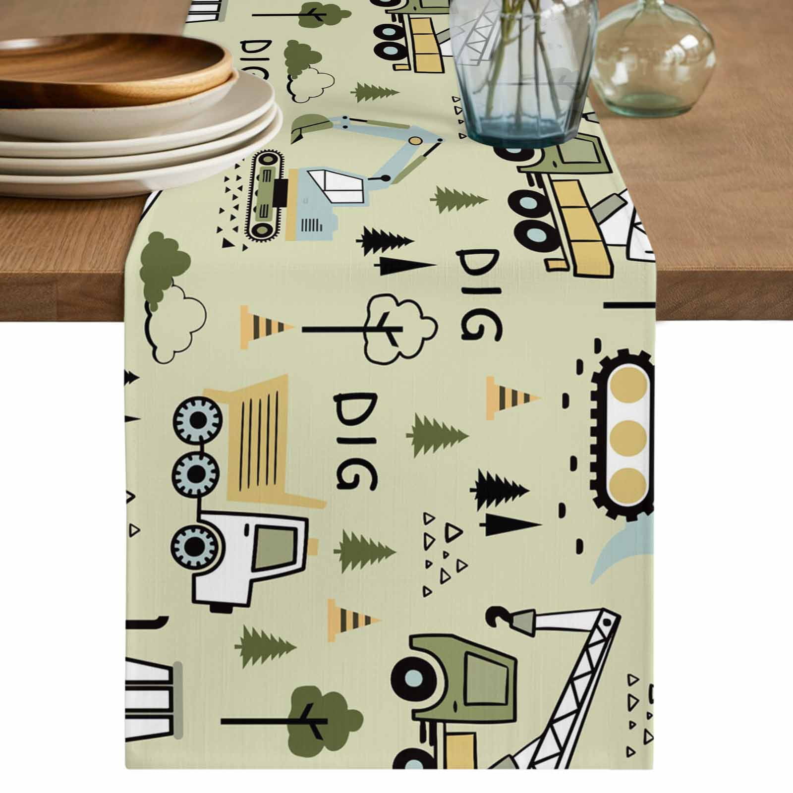 Cartoon Tractor Table Runner 48 Inches, Cute Green Digger Shovel Truck ...