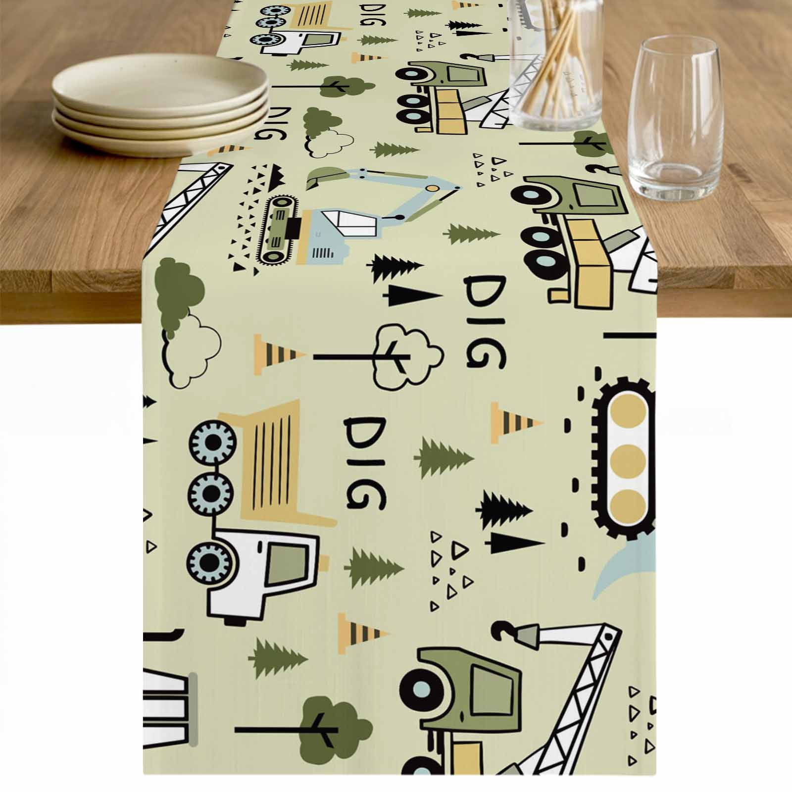 Cartoon Tractor Table Runner - 72 Inch Long Cute Green Digger Shovel ...