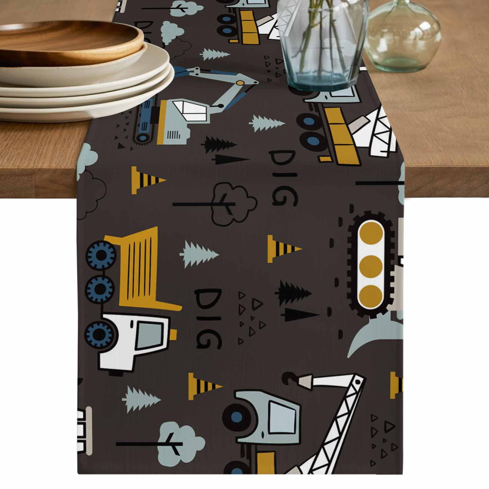 Cartoon Tractor Table Runner 72 Inches, Cute Grey Digger Shovel Truck ...
