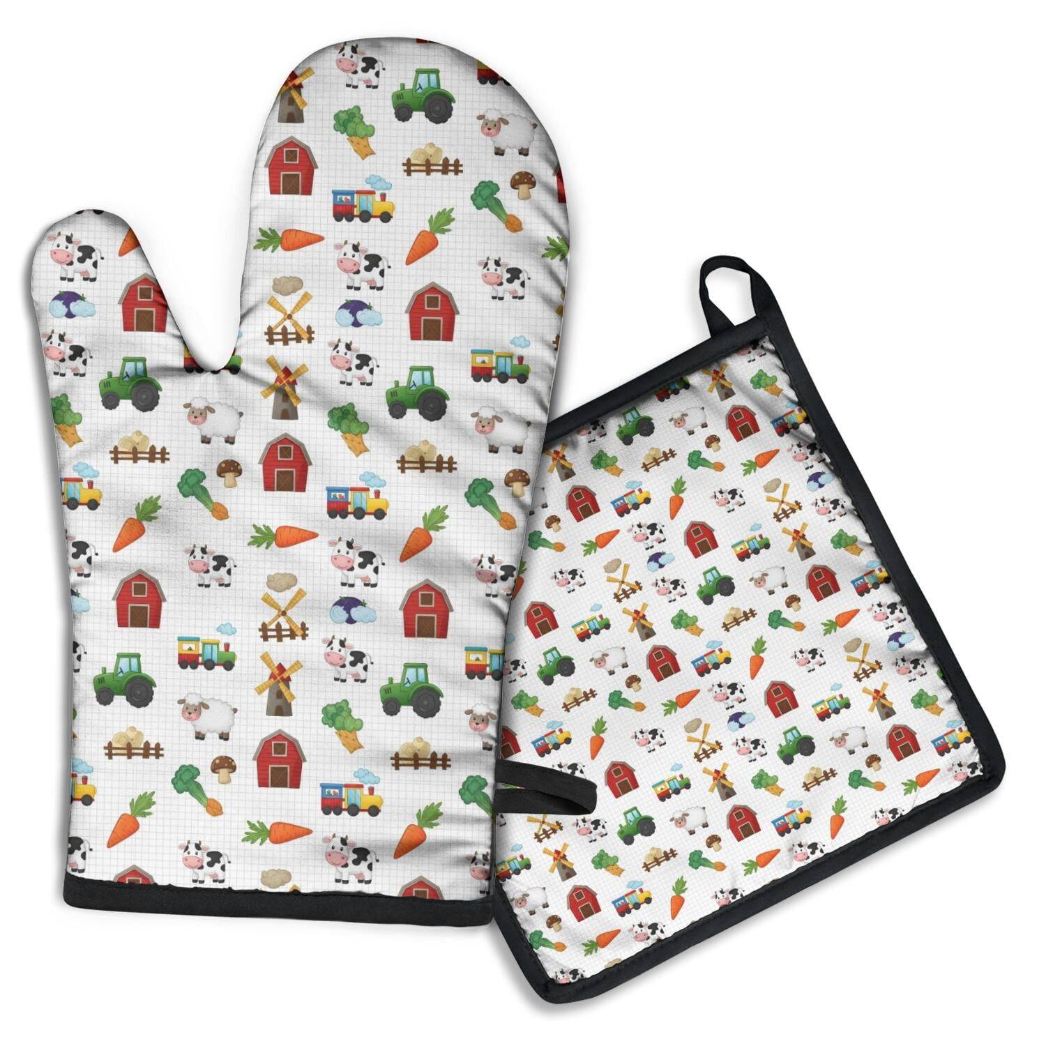 Cartoon Tractors Barns White Pattern Kitchen Oven Mitt and Pot Holder ...