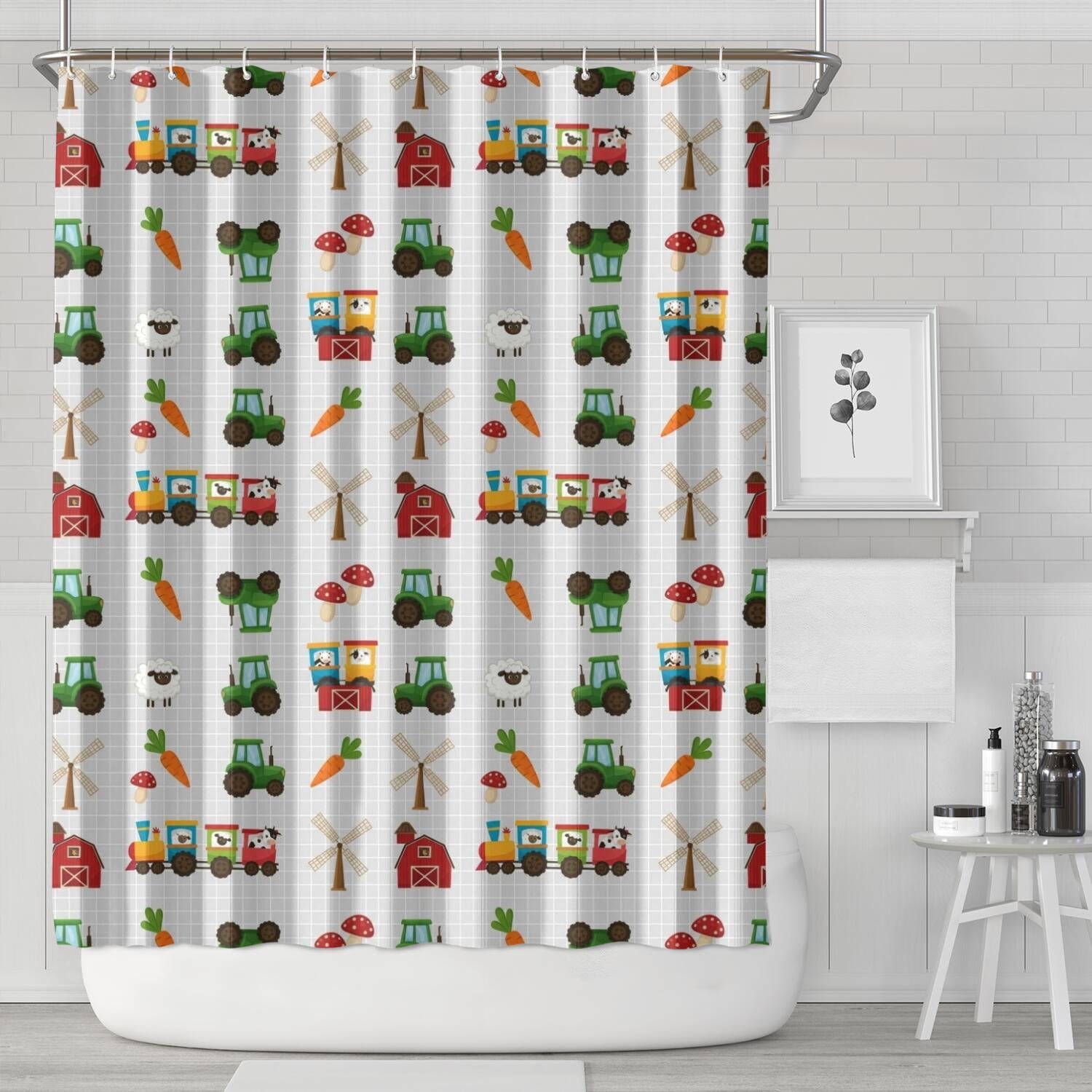 Cartoon Tractors Carrots Gray Pattern Shower Curtain 84"x72" ,Bathroom ...