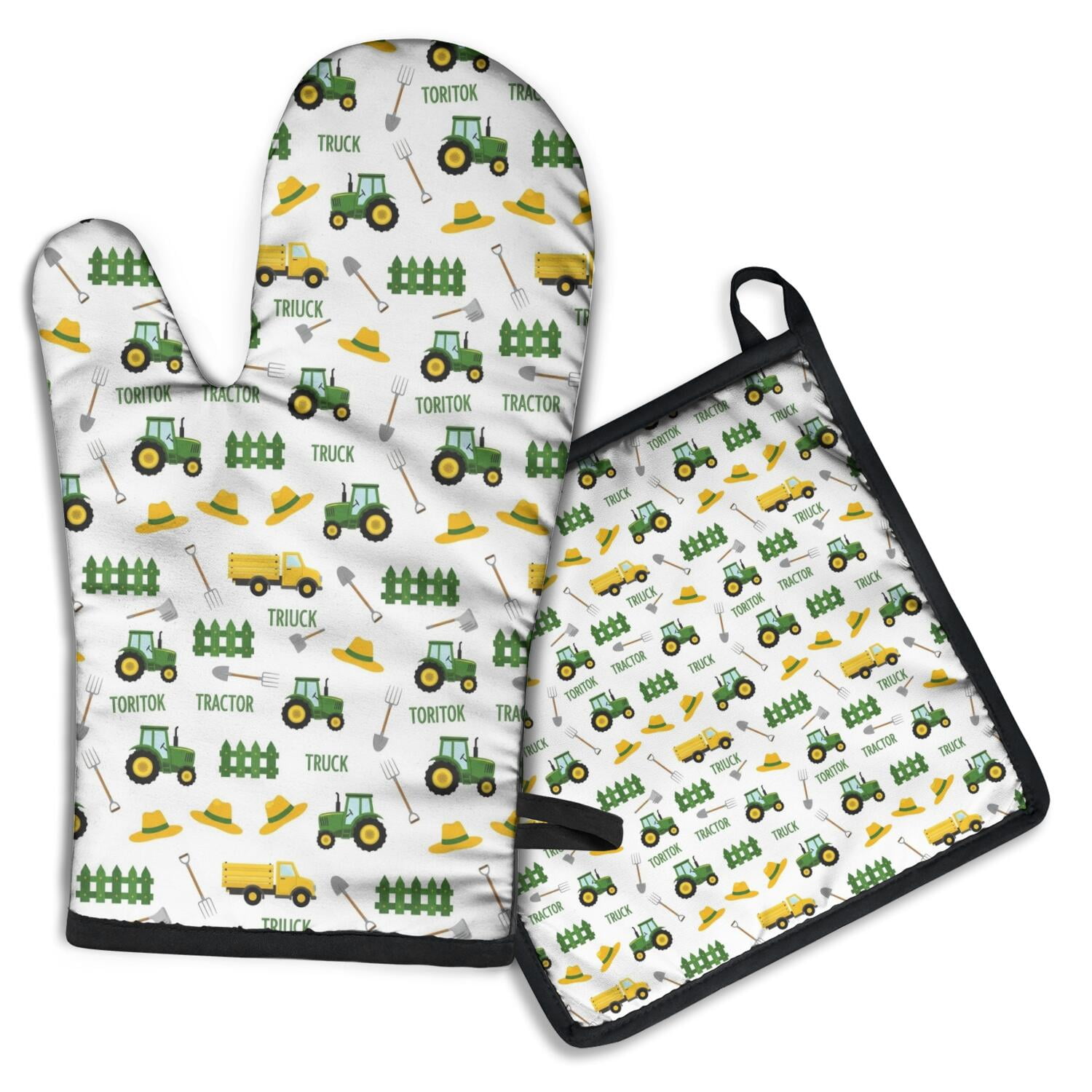 Cartoon Tractors Fences White Pattern Kitchen Oven Mitt and Pot Holder ...