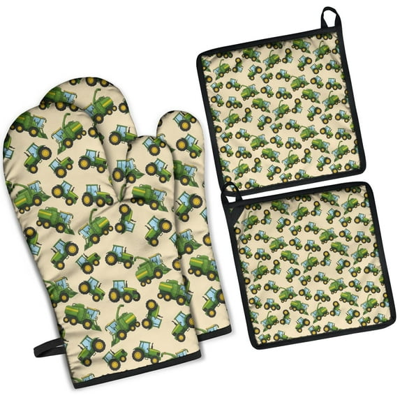 Cartoon Tractors Harvesters Beige Pattern Kitchen Oven Mitt and Pot ...