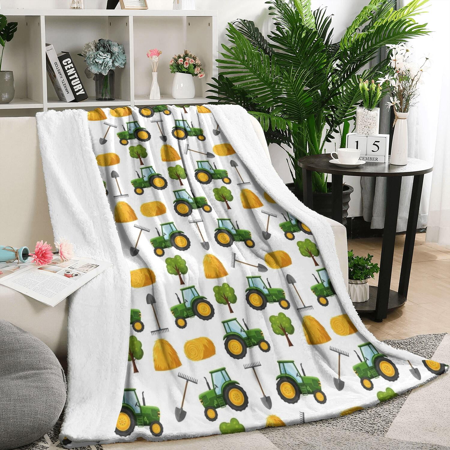 Cartoon Tractors Hay Bales White Pattern Blanket,Comfortable Soft ...