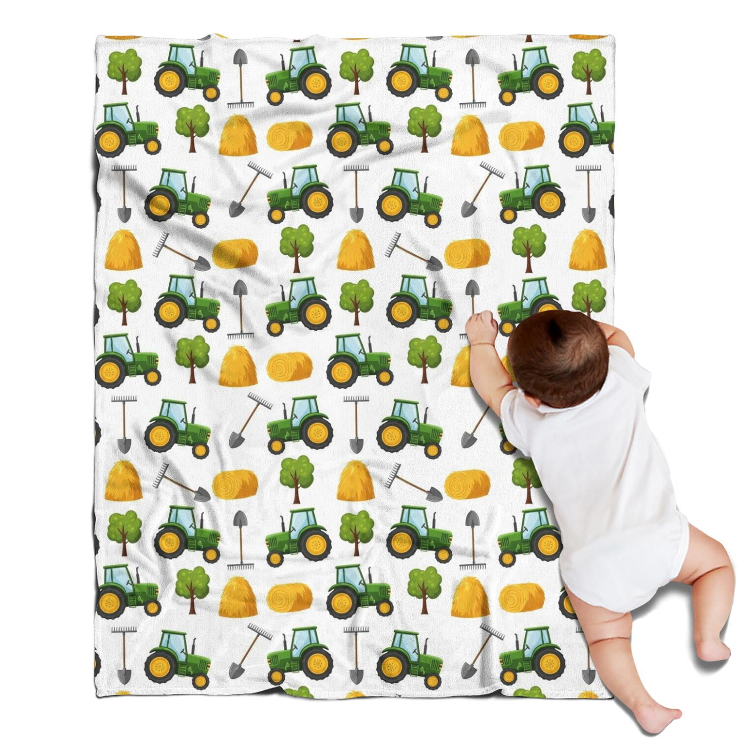 Cartoon Tractors Hay Bales White Pattern Blanket,Comfortable Soft Lamb ...