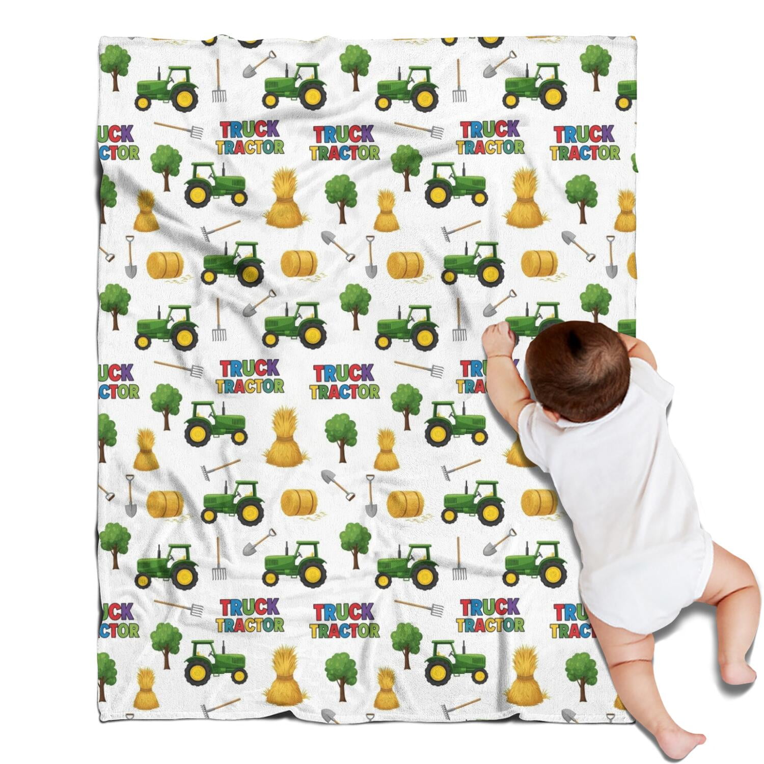 Cartoon Tractors Hay Bales White Pattern Blanket,Comfortable Soft Lamb ...