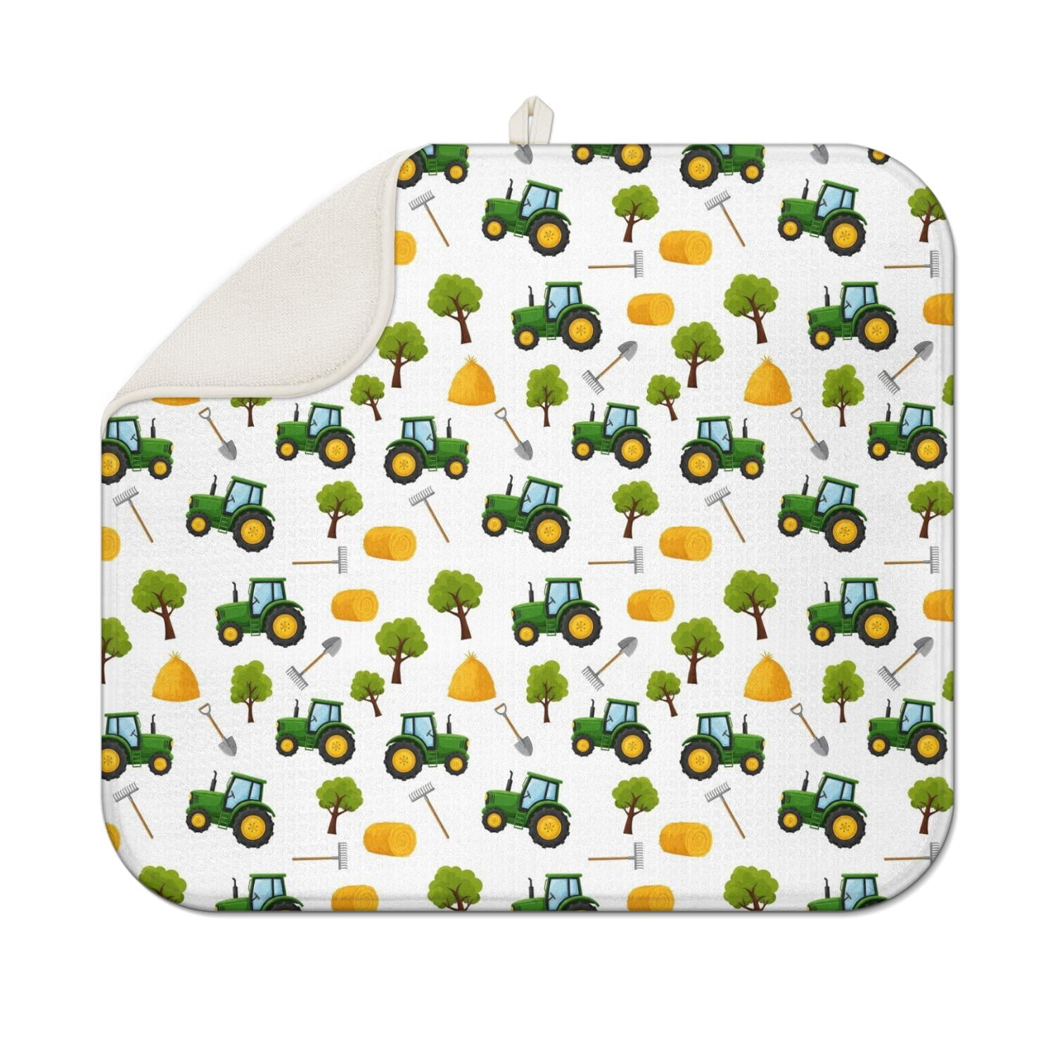 Cartoon Tractors Hay Bales White Pattern Dish Drying Mat for Kitchen 1 ...