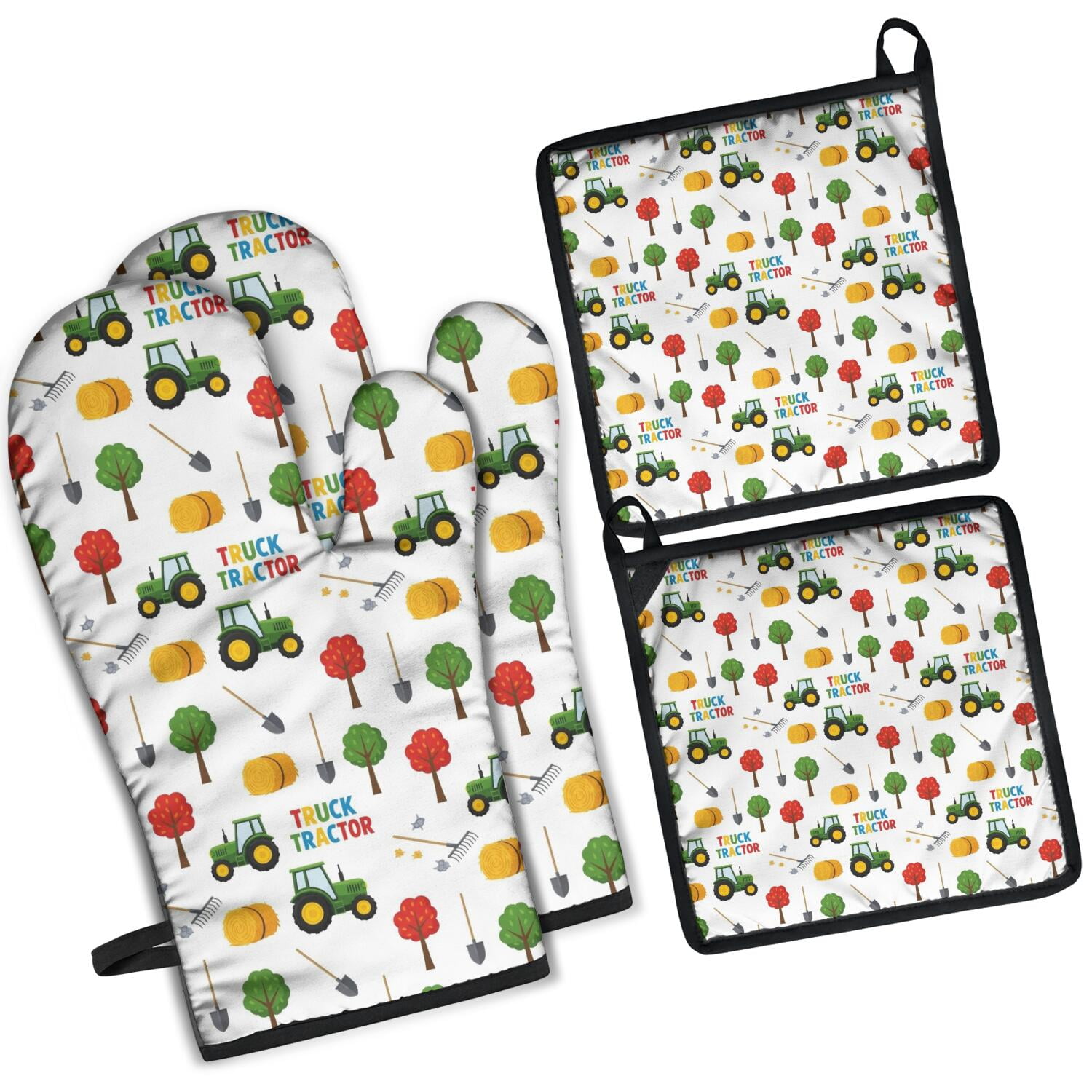 Cartoon Tractors Hay Bales White Pattern Kitchen Oven Mitt and Pot ...
