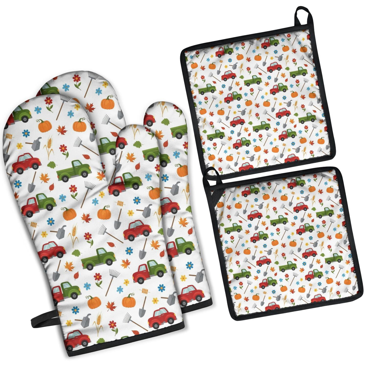 Cartoon Tractors Pumpkins White Pattern Kitchen Oven Mitt and Pot ...