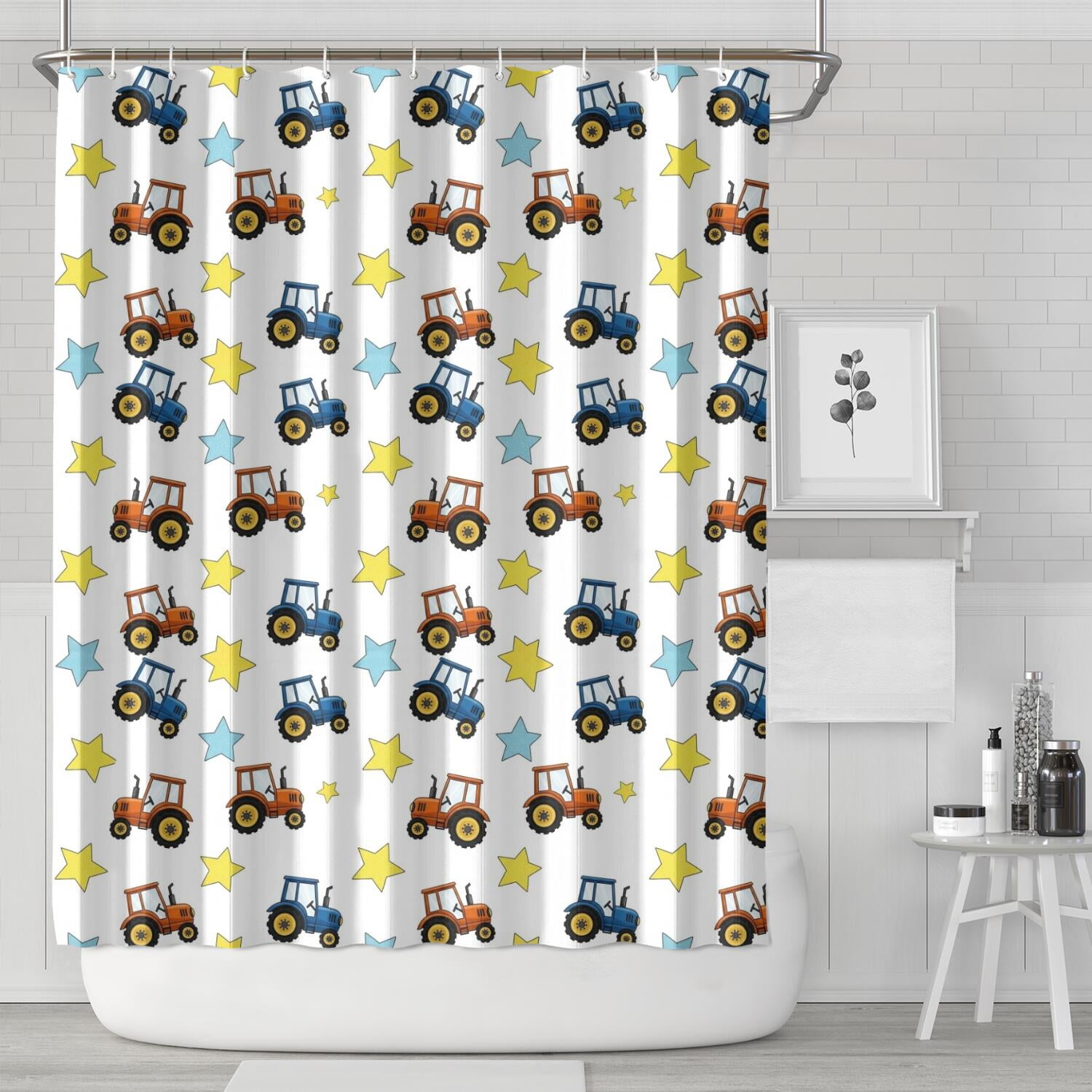 Cartoon Tractors Stars White Pattern Shower Curtain 72"x84" ,Bathroom ...