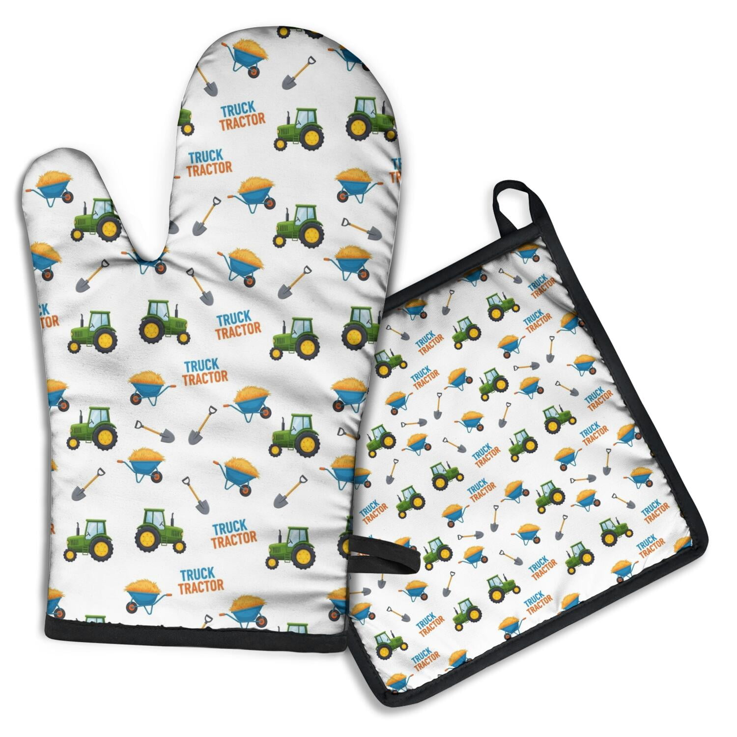 Cartoon Tractors Wheelbarrows White Pattern Kitchen Oven Mitt and Pot ...