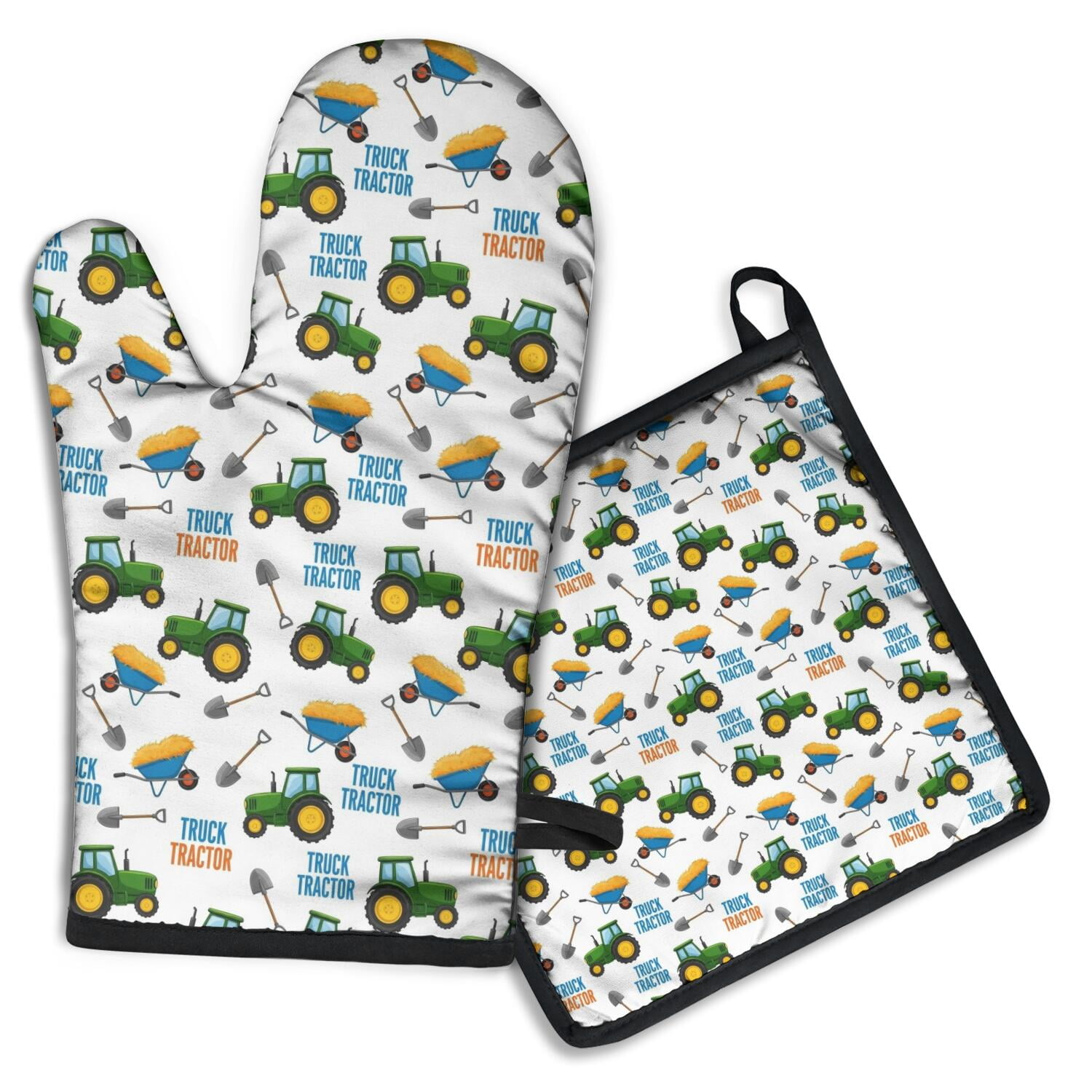 Cartoon Tractors Wheelbarrows White Pattern Kitchen Oven Mitt and Pot ...