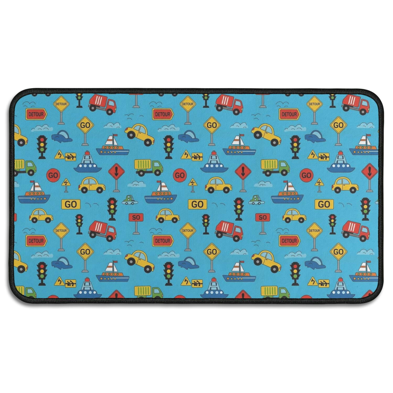 Cartoon Traffic Vehicles Signs Blue Pattern Door Rugs,Washable Non Slip ...