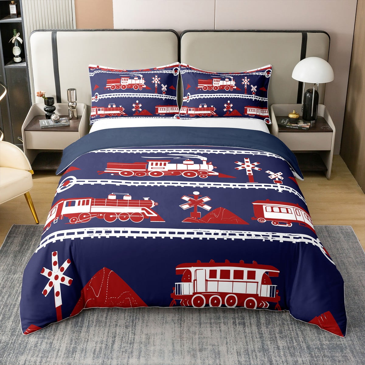 Cartoon Train 100% Cotton Duvet Cover Queen Size, Steam Locomotive Soft ...