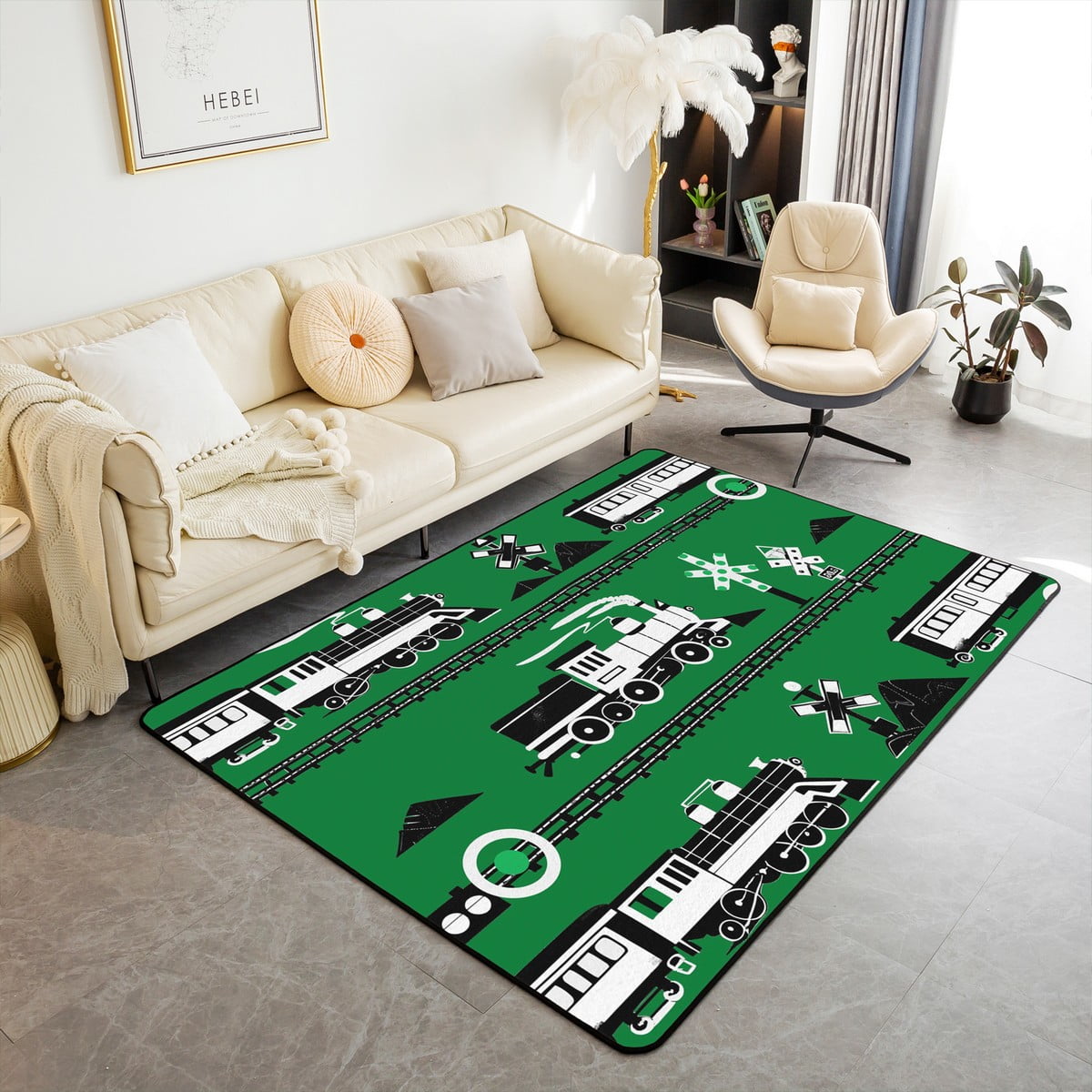 Cartoon Train Area Rug 5x7, Steam Locomotive Rectangular Carpet For ...