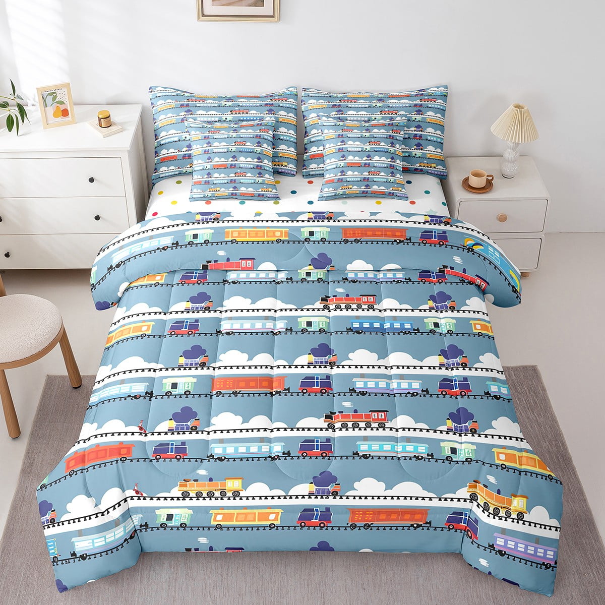 Cartoon Train Bed in a Bag 7 Pieces Steam Engine Bedding Set, Kids Car ...