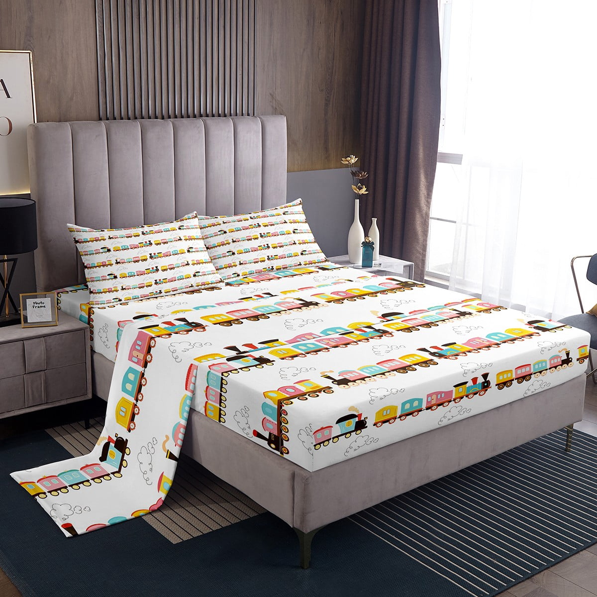 Cartoon Train Bed Sheet Set Queen Size Watercolor Trains Truck Sheet ...
