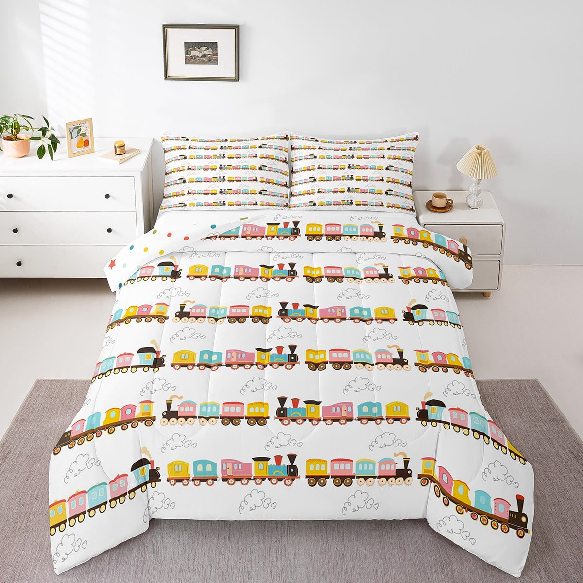 Cartoon Train Bedding Set Full Size Watercolor Trains Truck Comforter ...