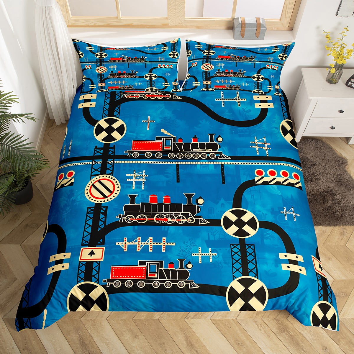 Cartoon Train Bedding Sets King For Toddler Kids Boys Vintage Steam ...