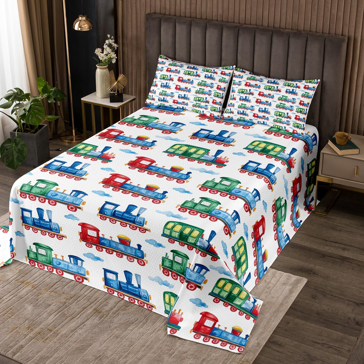 Cartoon Train Bedspread King Size,Choochoo Steam Locomotive Train ...