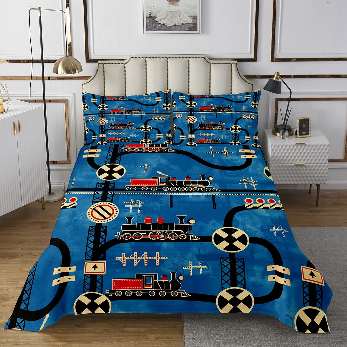 Cartoon Train Bedspread Set Queen For Toddler Kids Boys Vintage Steam ...
