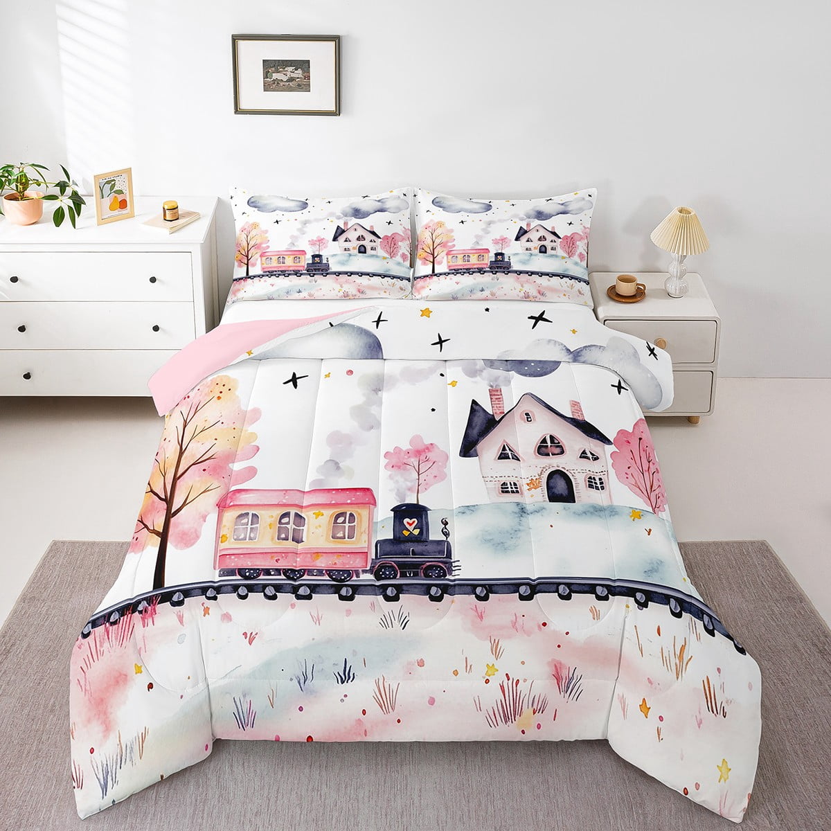 Cartoon Train Comforter Set Watercolor Cloud Queen Bedding Set Country ...