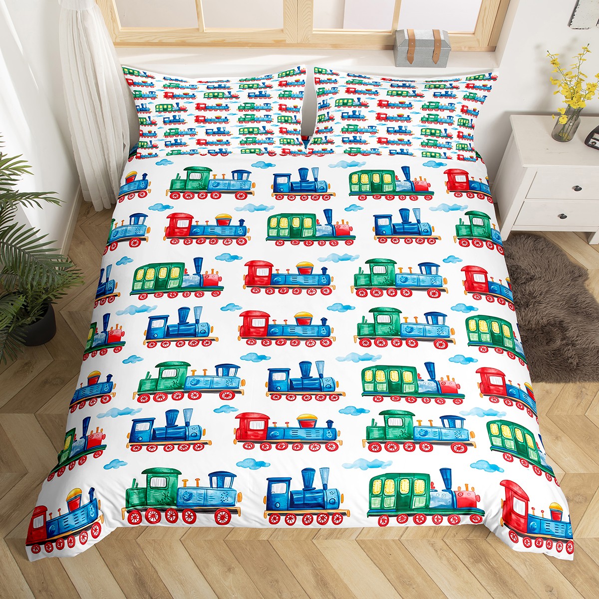 Cartoon Train Duvet Cover Set Full Size,Choochoo Steam Locomotive Train ...