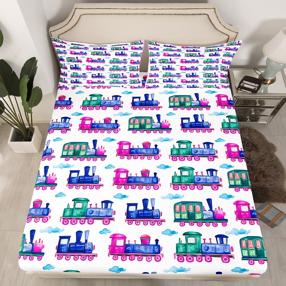 Cartoon Train Fitted Sheet Full Size,Steam Locomotive Train Bedding Set ...
