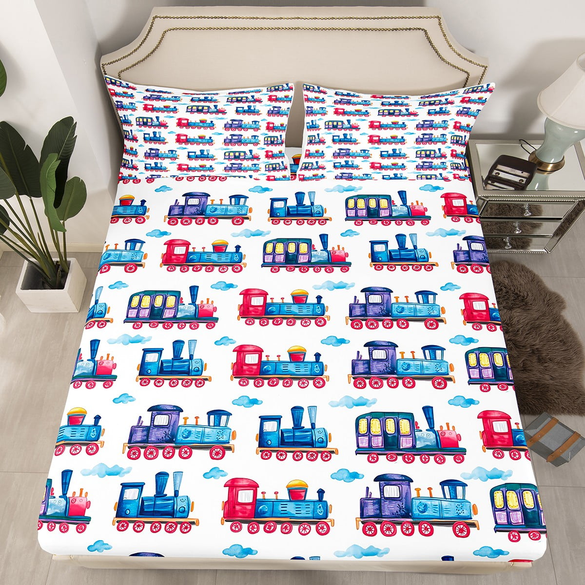 Cartoon Train Fitted Sheet Twin Size,Steam Locomotive Engine Train ...