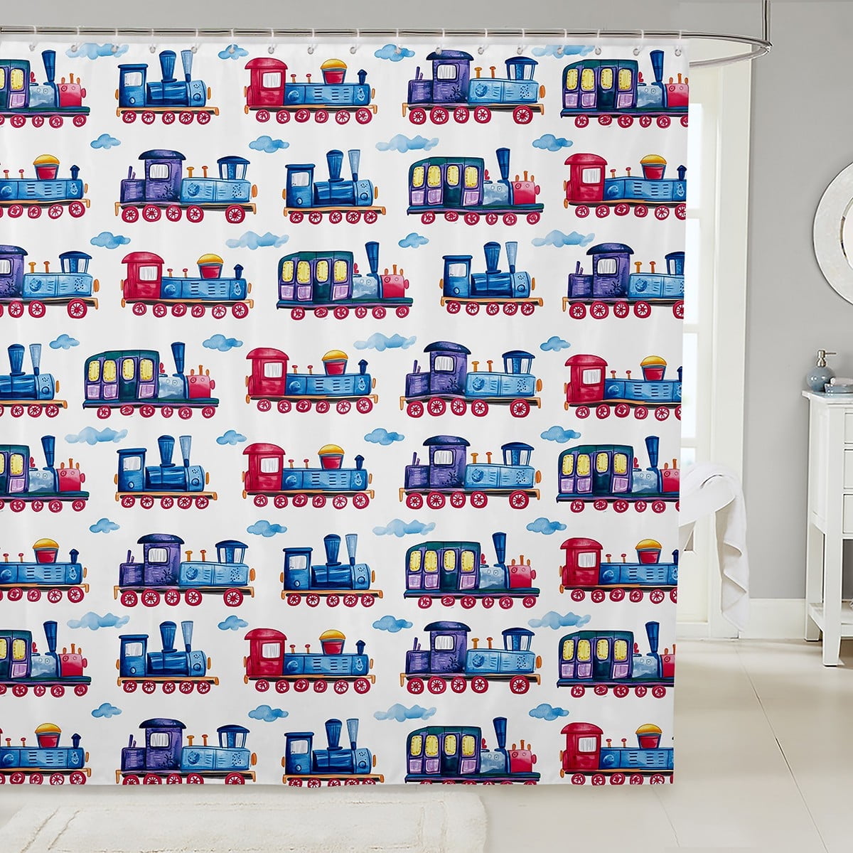 Cartoon Train Shower Curtains,Steam Locomotive Engine Train Bathroom ...