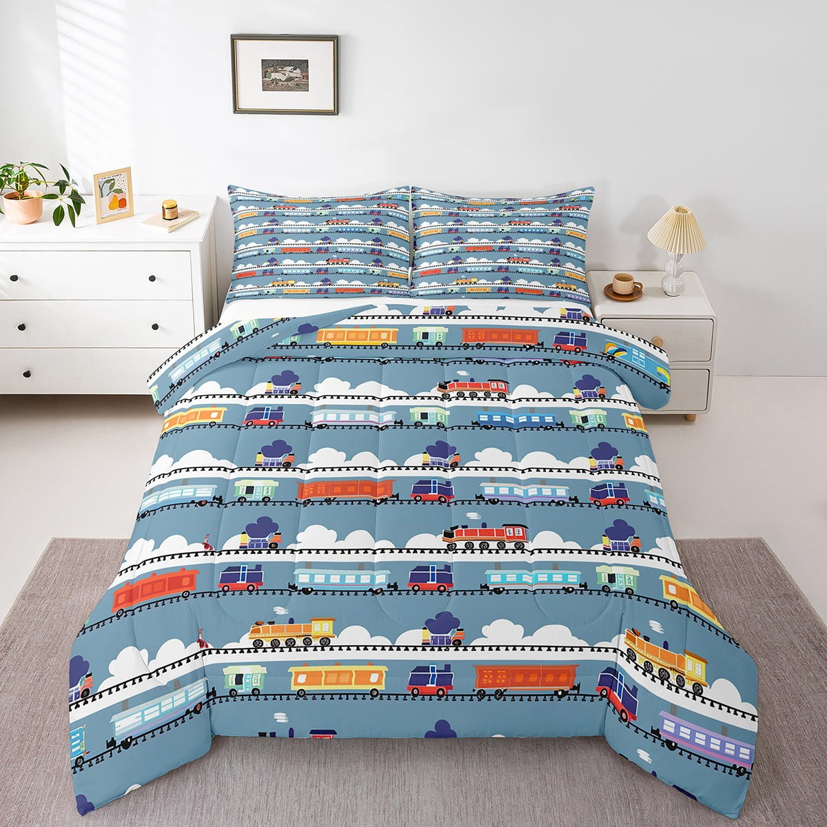 Cartoon Train Queen Bedding Sets Steam Engine Comforter Set Queen, Kids ...