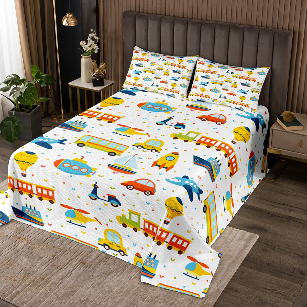 Cartoon Train Quilt Set Airplane Bedspread Set Twin,Watercolor ...
