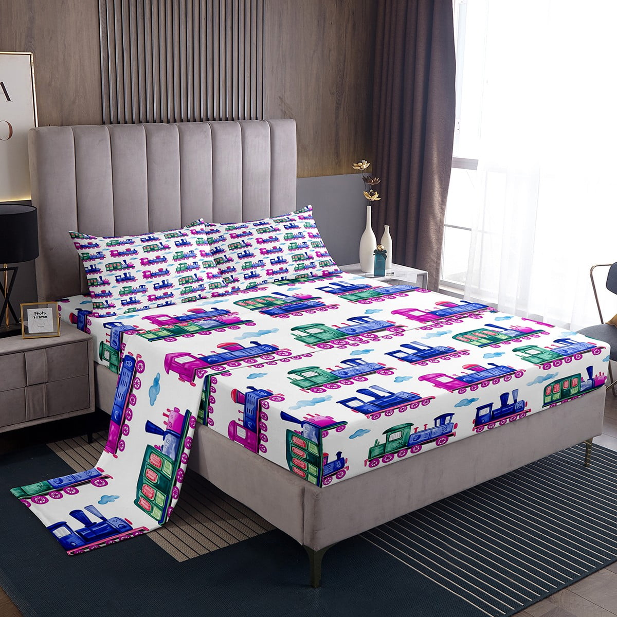 Cartoon Train Sheet Queen Size,Steam Locomotive Train Bedding Set, Room ...